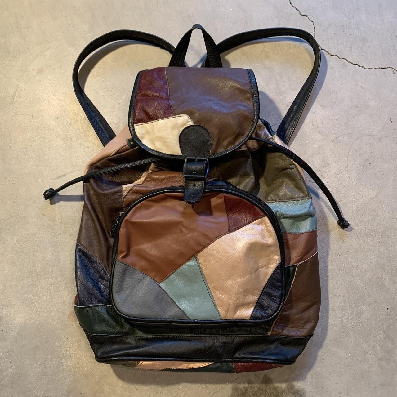 Vintage patchwork leather backpack with drawstring... - Depop