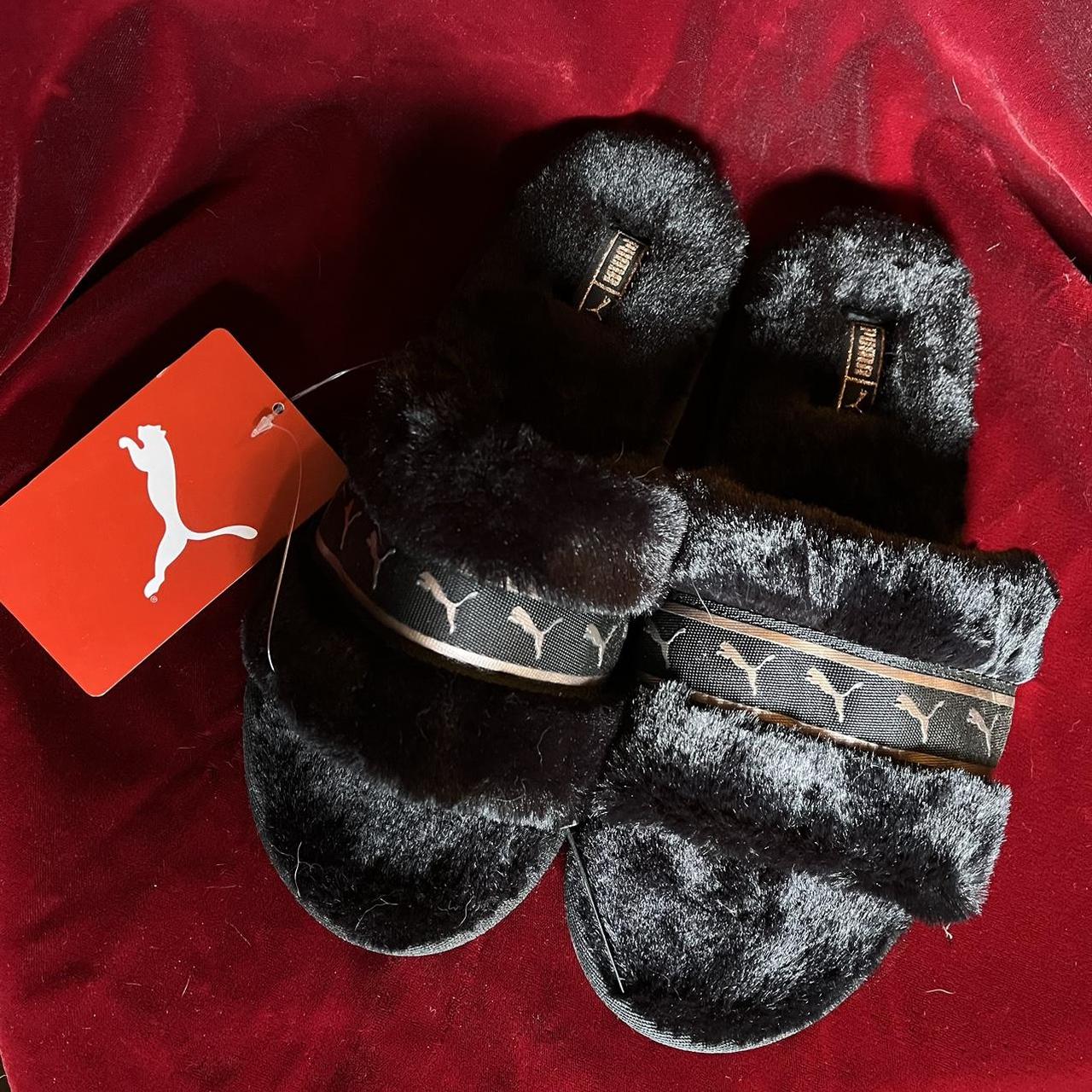 Puma Fluffy Black & Rose gold Slides Size 8 in... - Depop