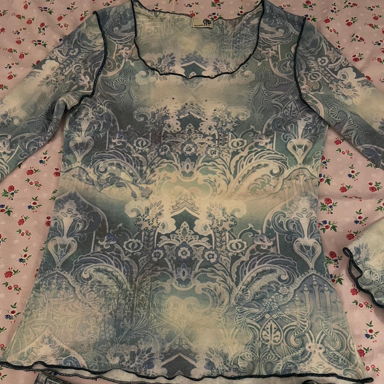 Earthy tie die, yellow blue and green graphic... - Depop