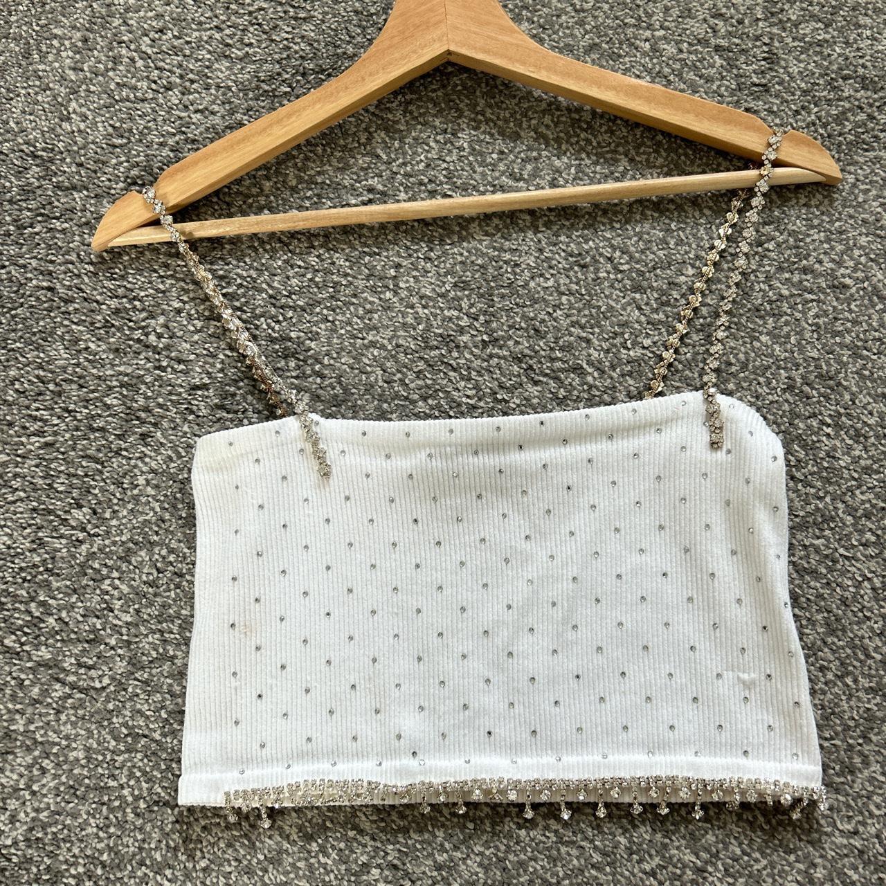 Zara ribbed white crop top with rhinestone diamanté... - Depop