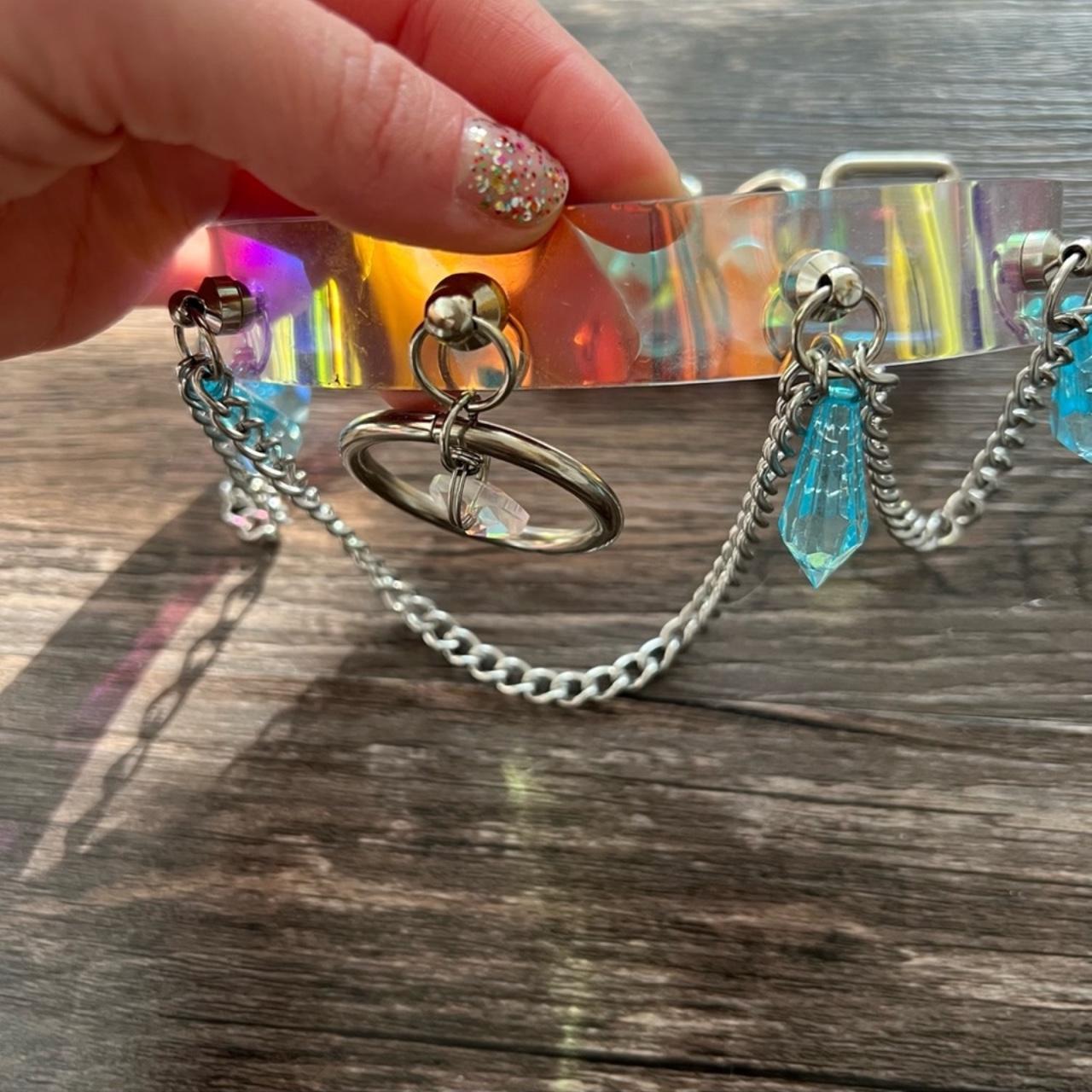 Holographic pvc choker with chain and crystal... | Depop