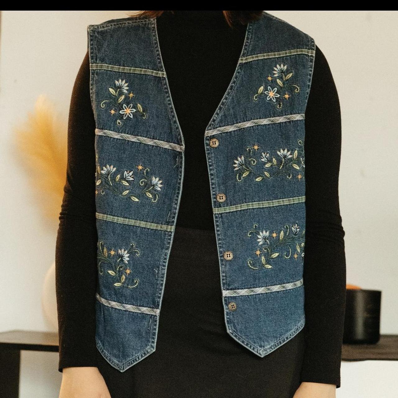 Amazing jean vintage vest with embroidered... - Depop