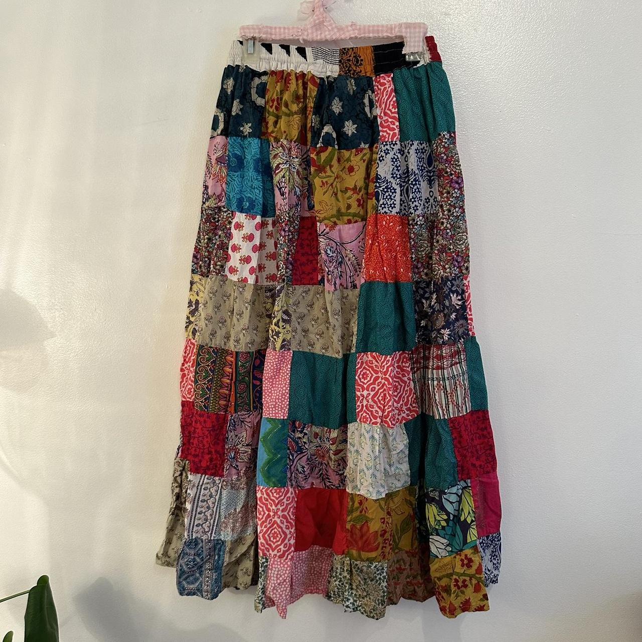 Vintage Patchwork Skirt - size medium elastic waist.... - Depop
