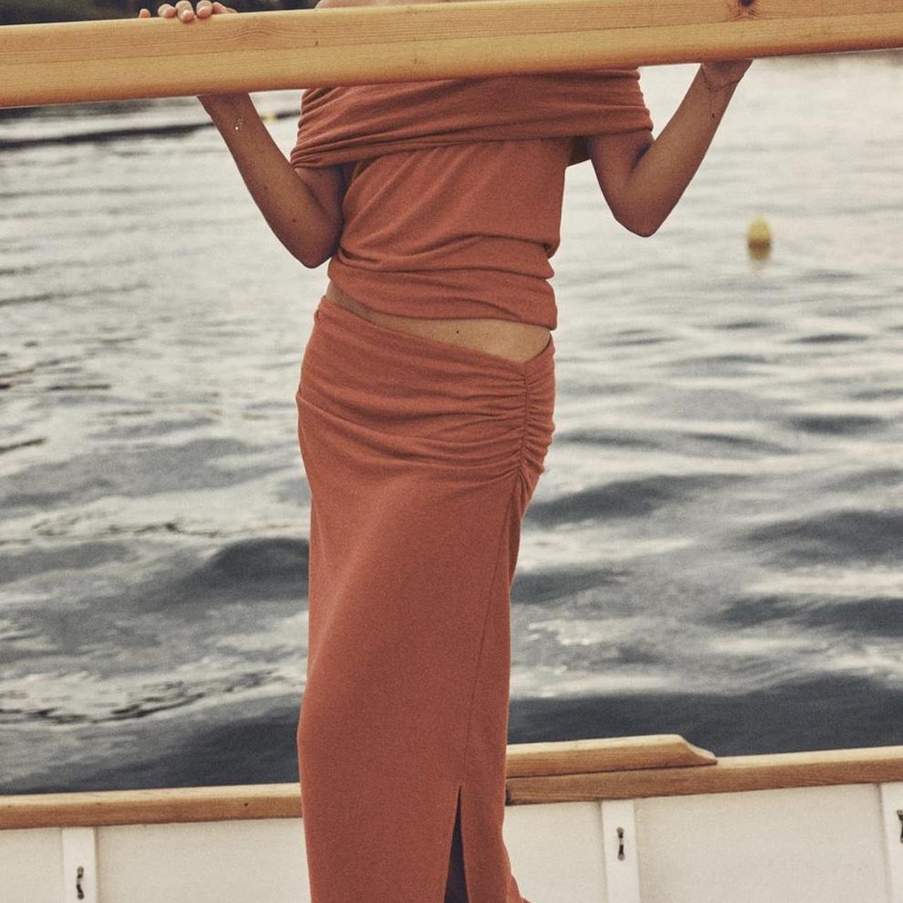 Zara rust 2 piece maxi skirt and strapless top Worn... - Depop