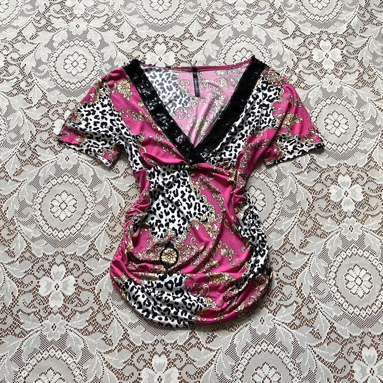 y2k pink leopard print ruched deep-v sequin top in... | Depop