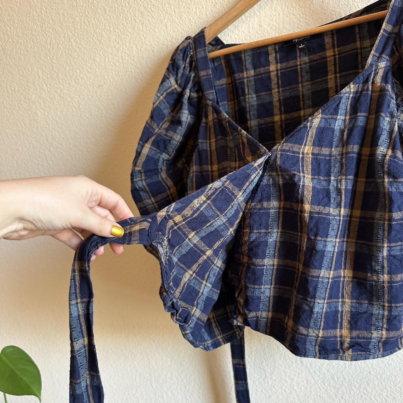 Madewell Plaid Wrap Top. Thicker cotton navy and tan... - Depop