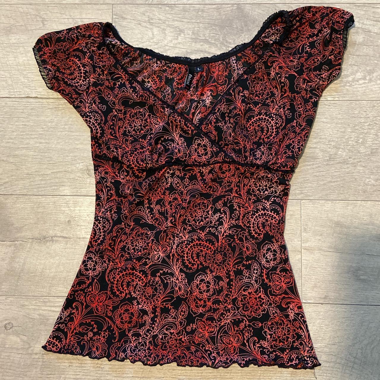 Red and black paisley print top Fits XS-S 2000’s... - Depop