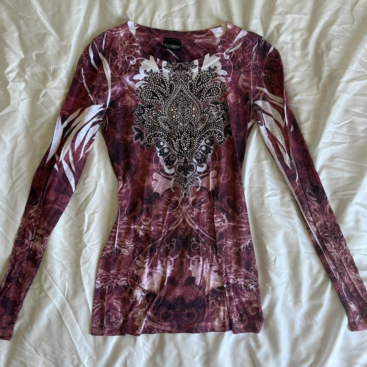 y2k grunge rhinestone long sleeve, size small ... - Depop