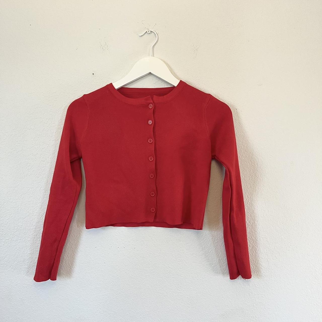 cherry red cropped long sleeve button up top New... - Depop