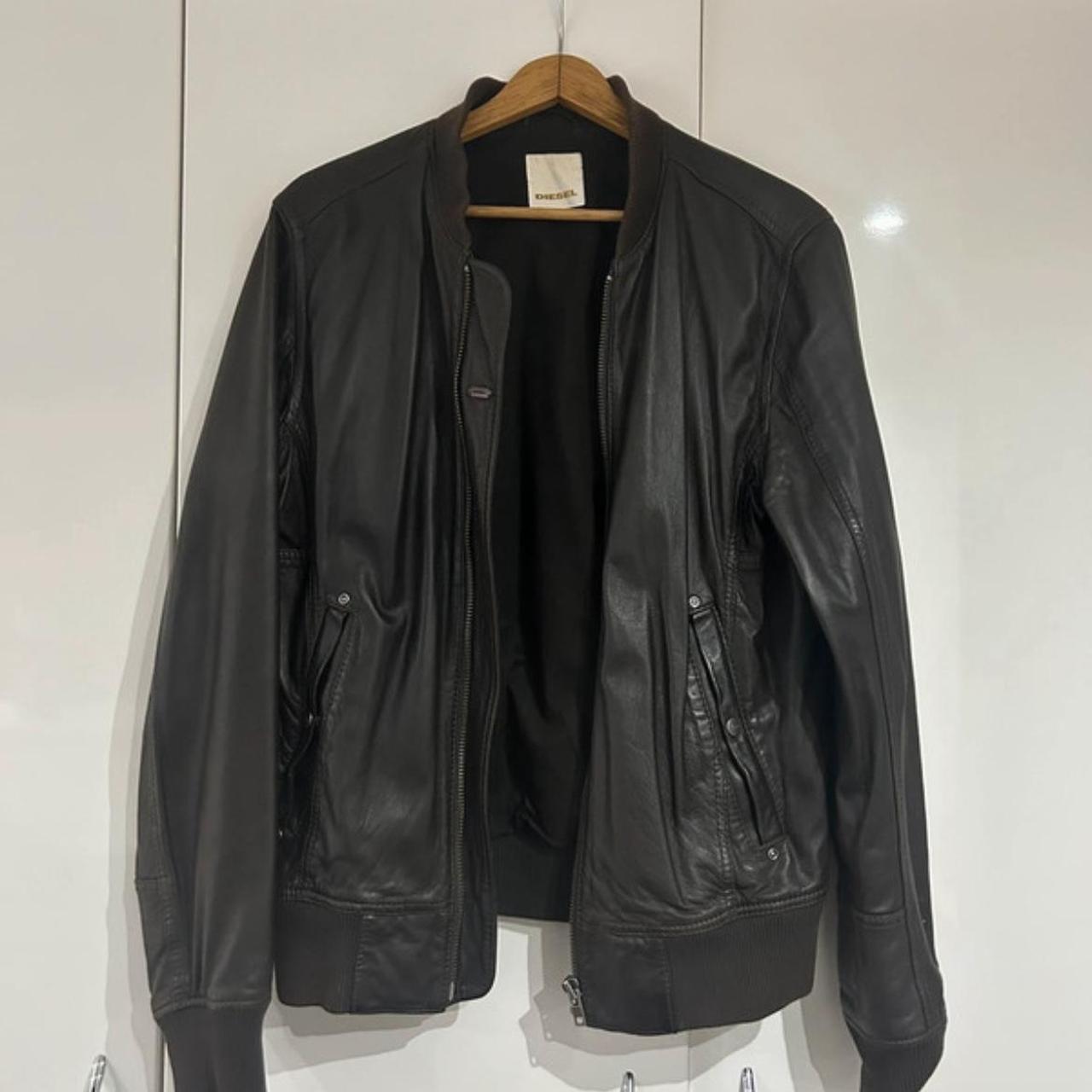 Vintage diesel dark brown real leather unisex bomber... - Depop