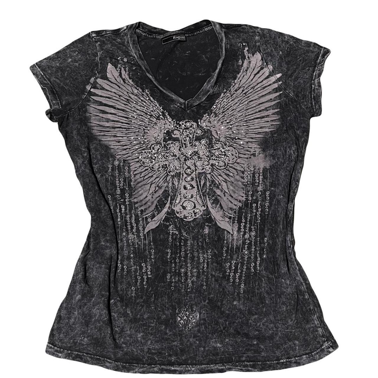 Y2k grunge stone wash T-shirt with rhinestone cross... - Depop