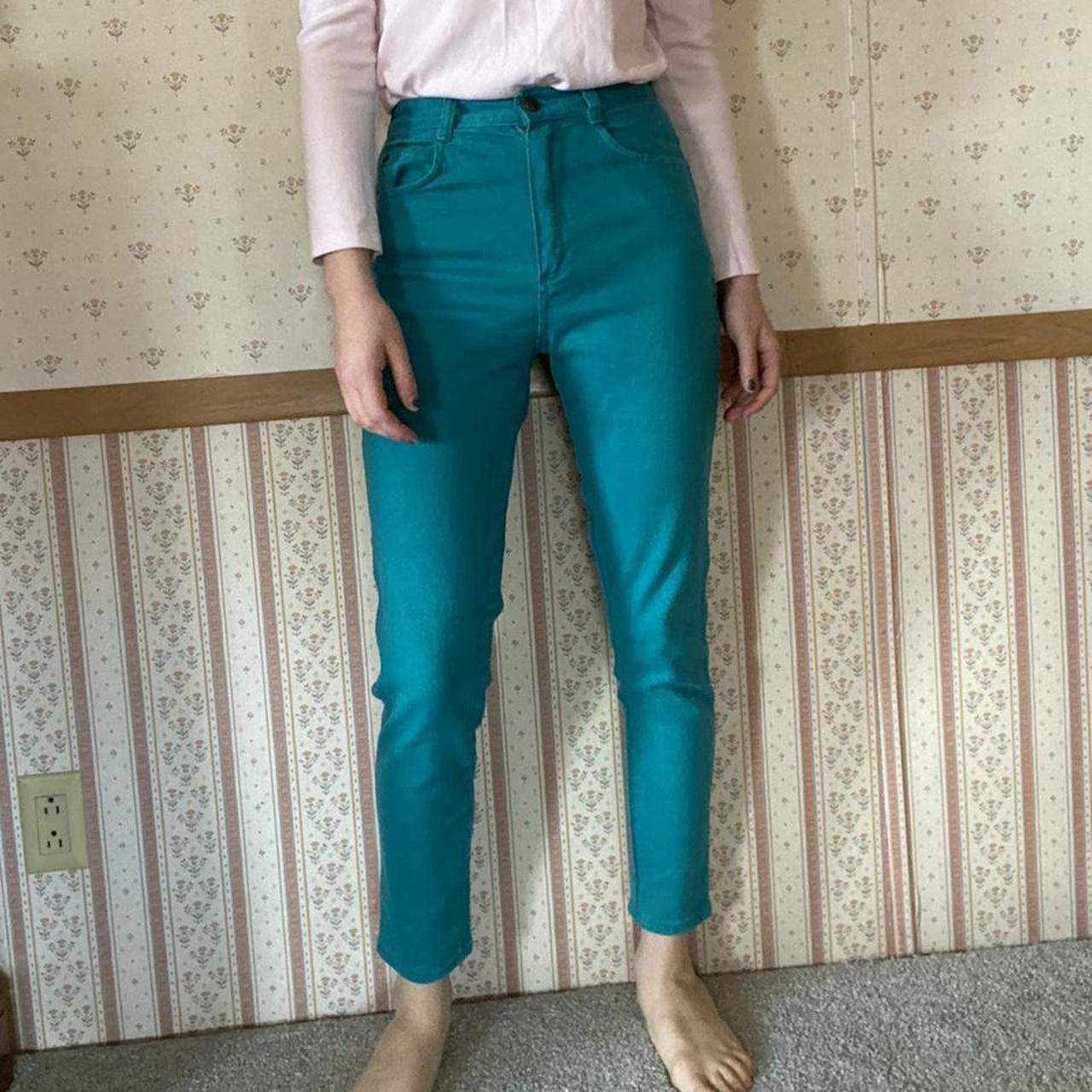 Teal high waist cotton skinny jeans. Tag says size 7... - Depop