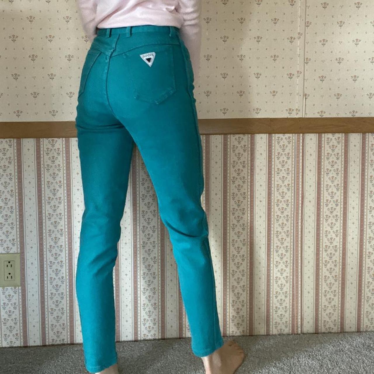 Teal high waist cotton skinny jeans. Tag says size 7... - Depop