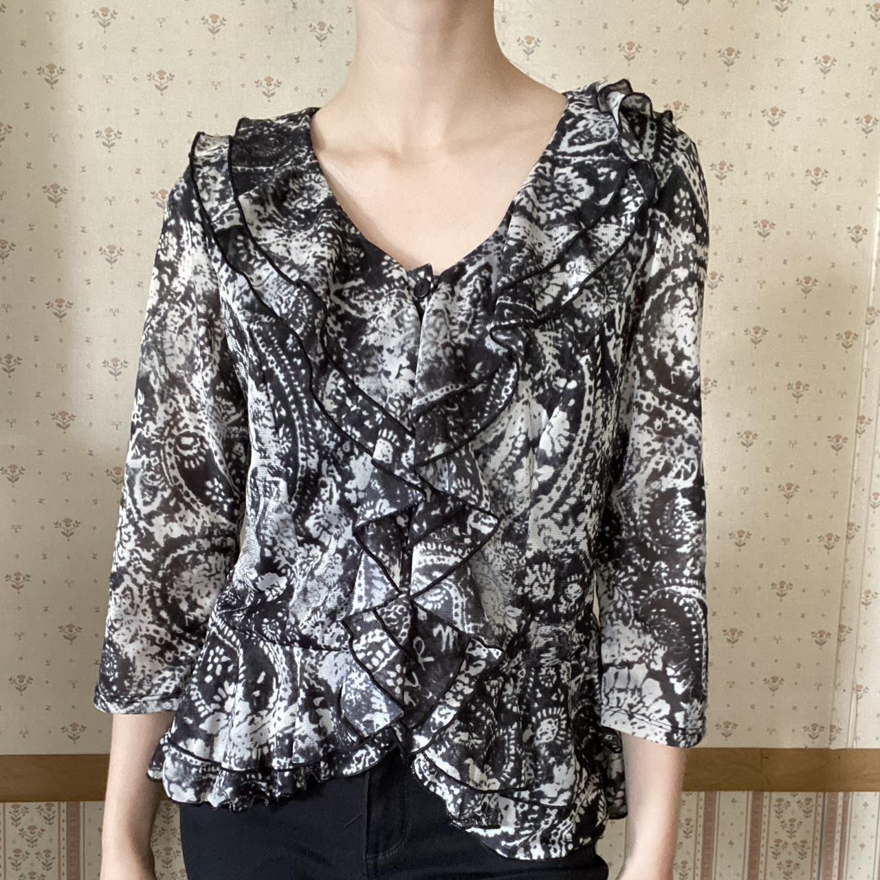 Black/white/grey ruffle blouse by Notations. Size... | Depop