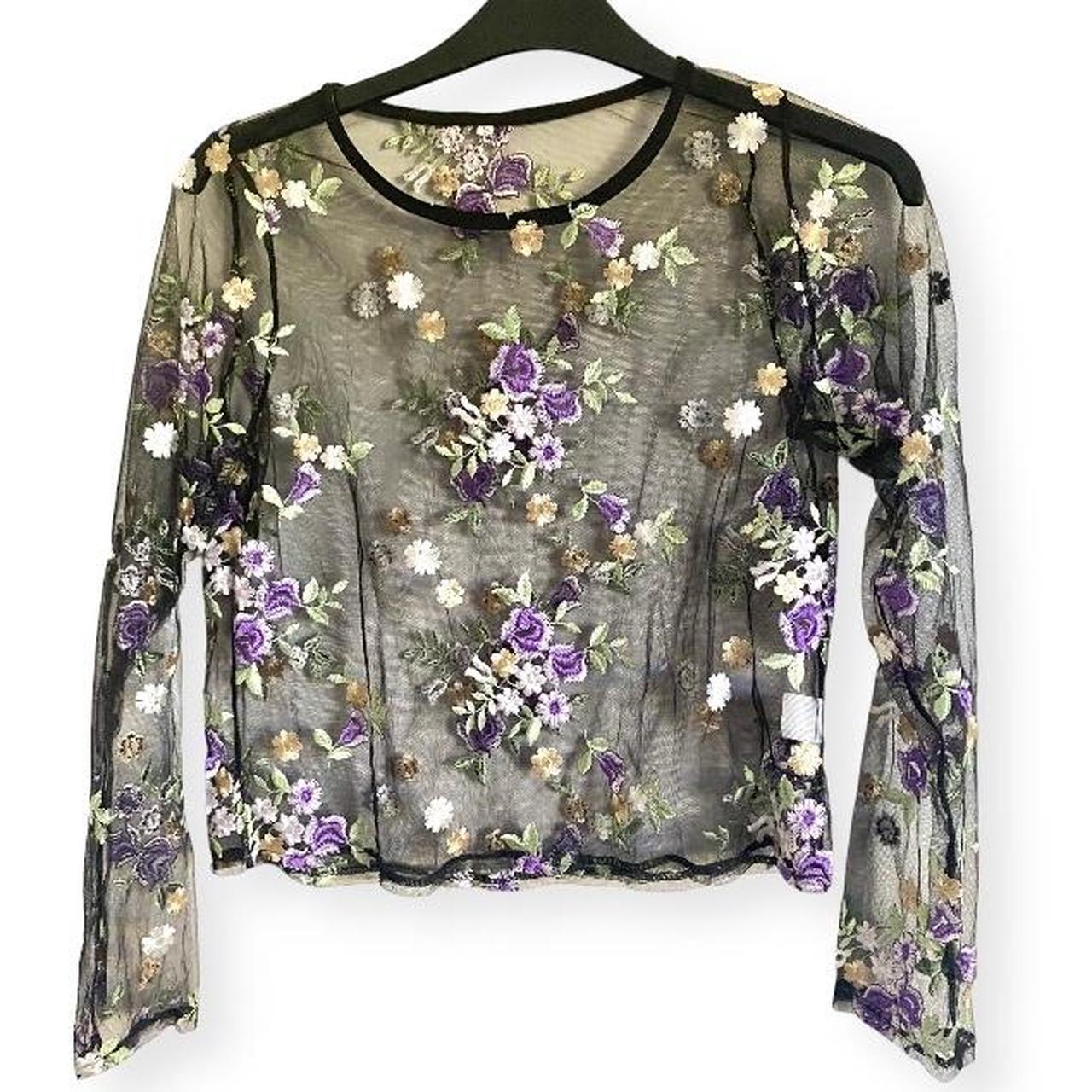 Cute dainty black mesh over top with embroidered... - Depop