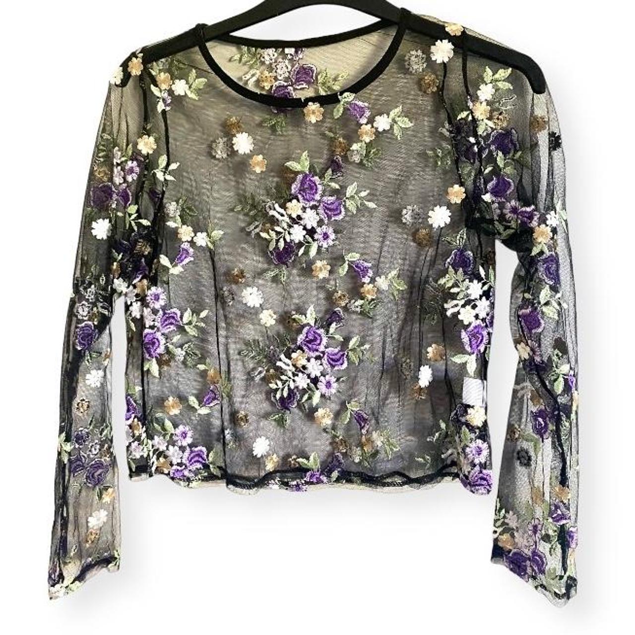 Cute dainty black mesh over top with embroidered... - Depop