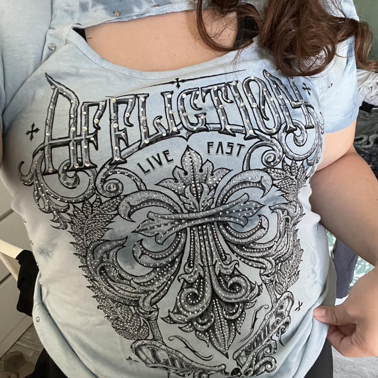 Women’s Affliction Blue T-shirt. Size 2XL. Brand... - Depop