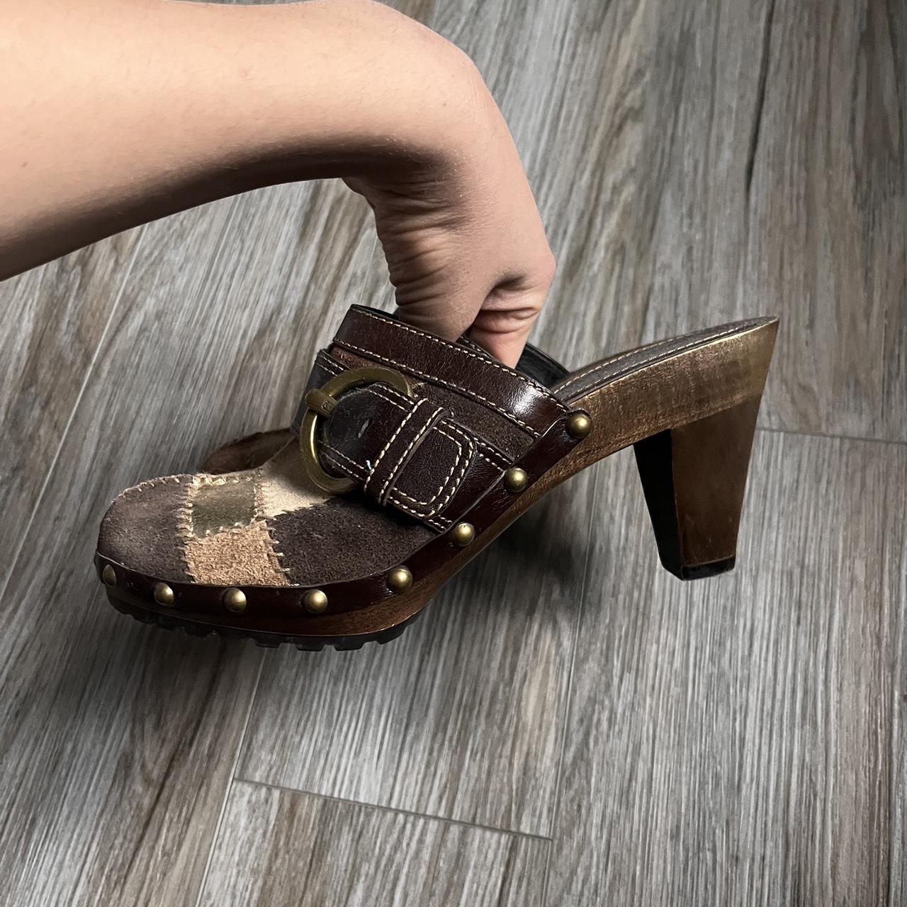Coach brown and tan patchwork leather clogs. Flaw... | Depop