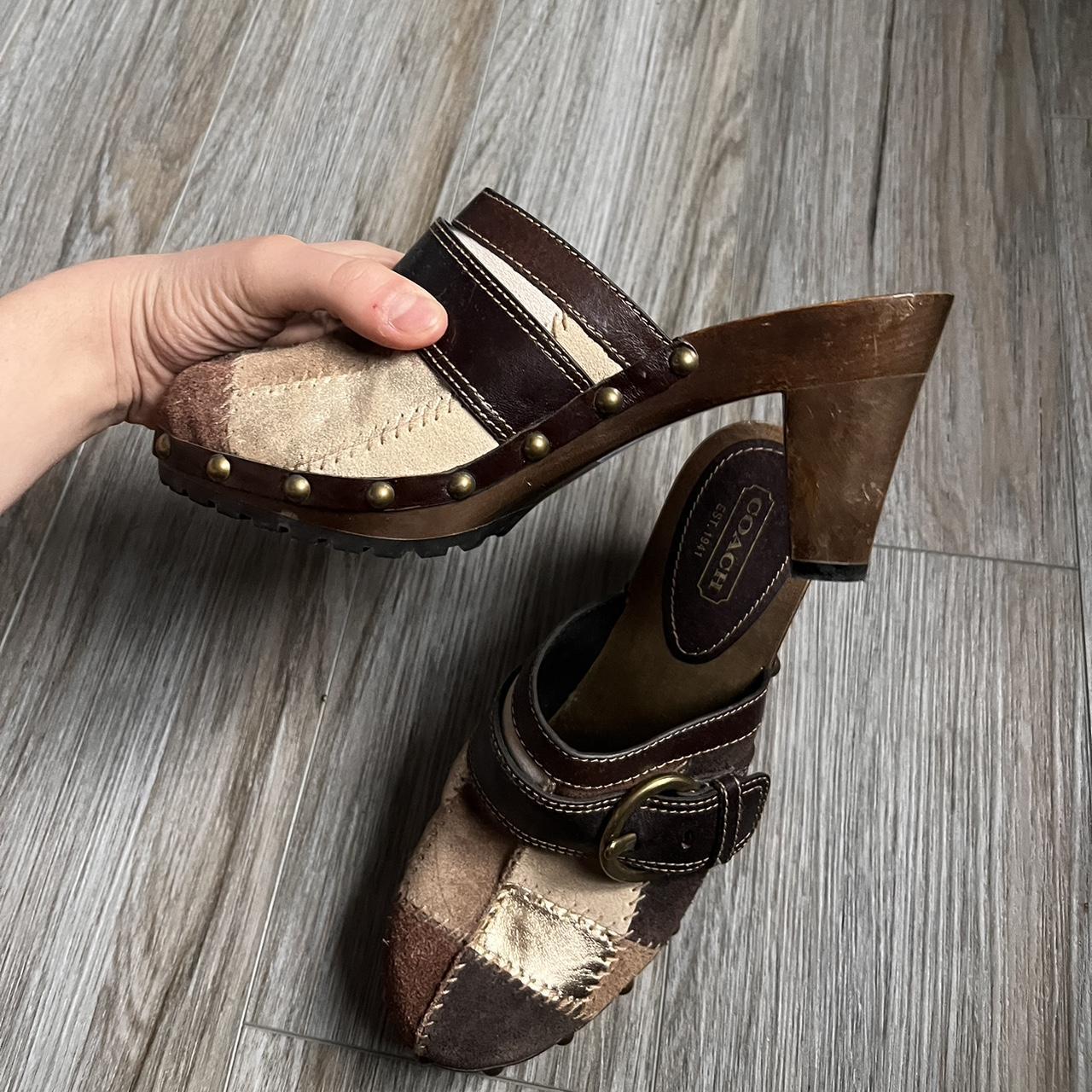 Coach brown and tan patchwork leather clogs. Flaw... | Depop
