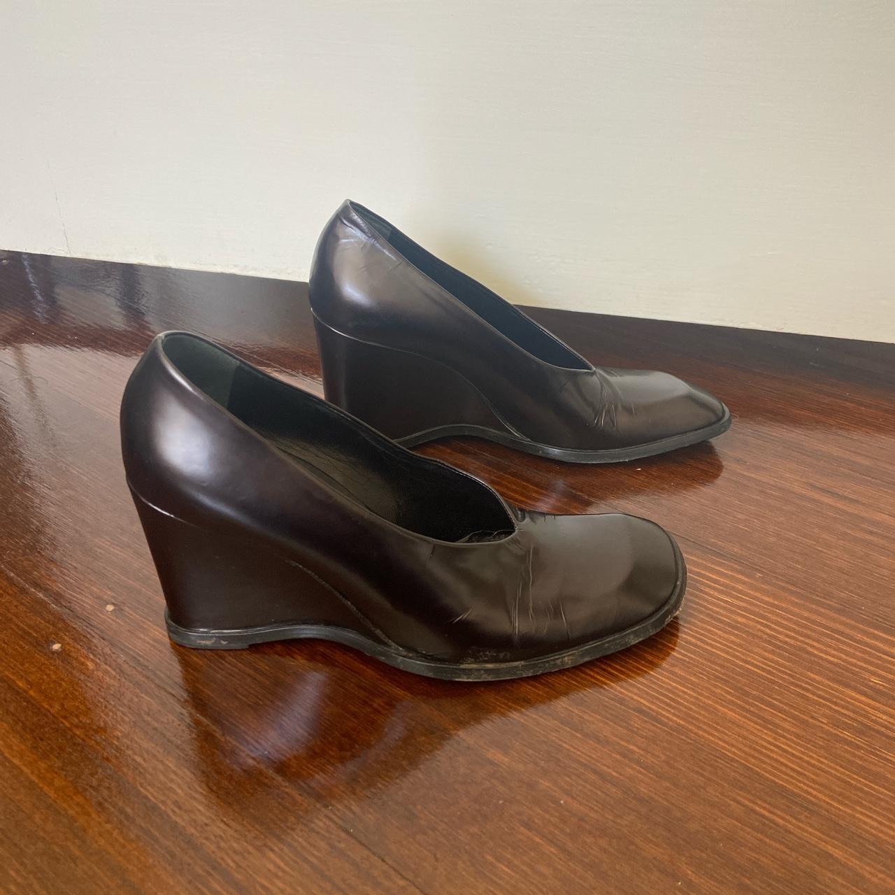 black leather authentic 90s mule wedge labelled... - Depop