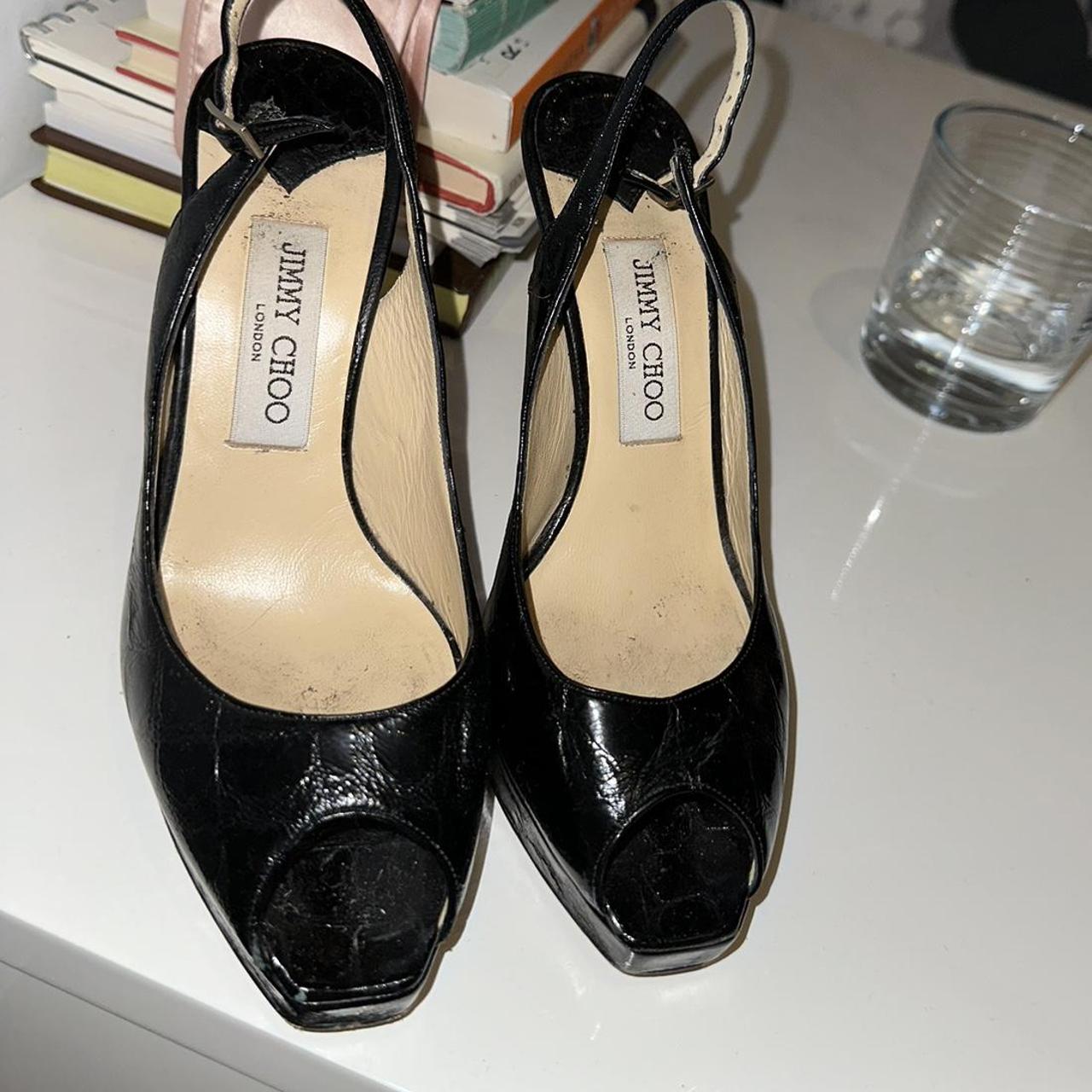 Vintage Jimmy Choo Open Toe pumps patent croc skin... - Depop