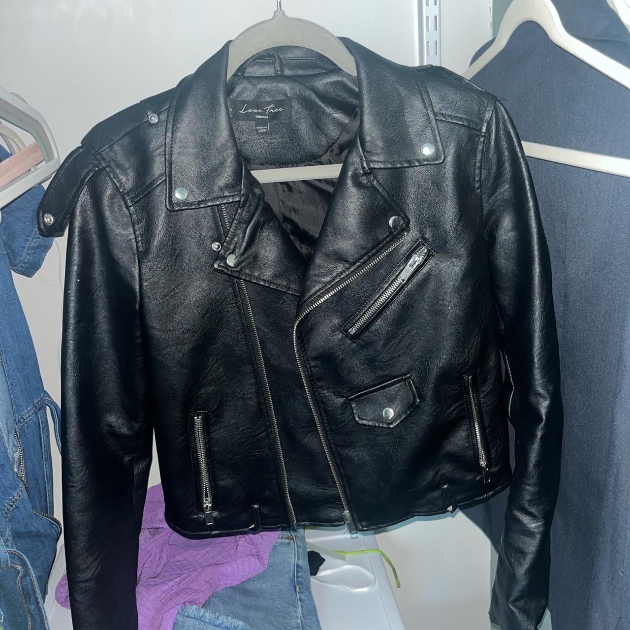 Biker leather jean jacket size Medium From a... - Depop