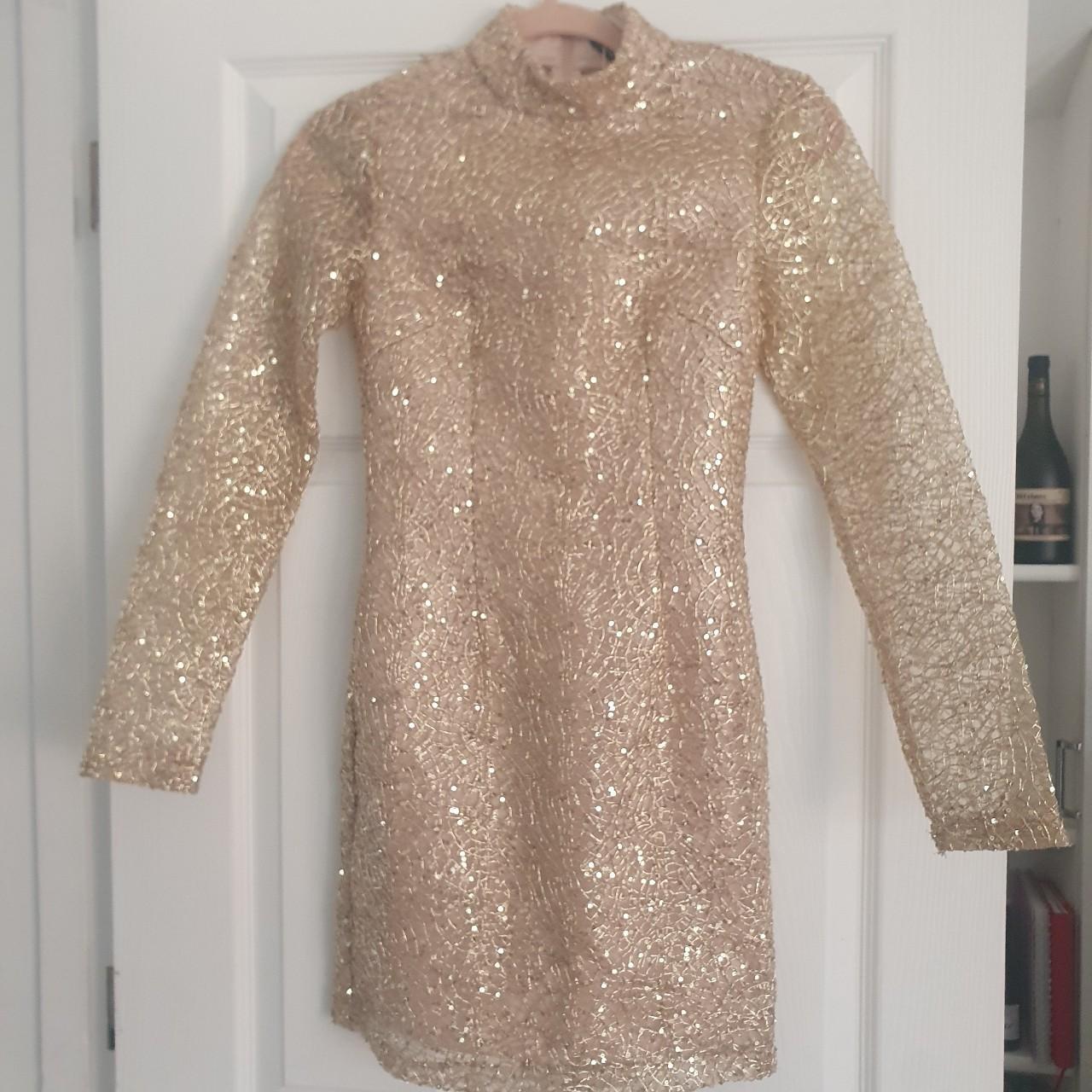 MISSGUIDED Gold High Neck Long Sleeve Beaded Sequin... - Depop