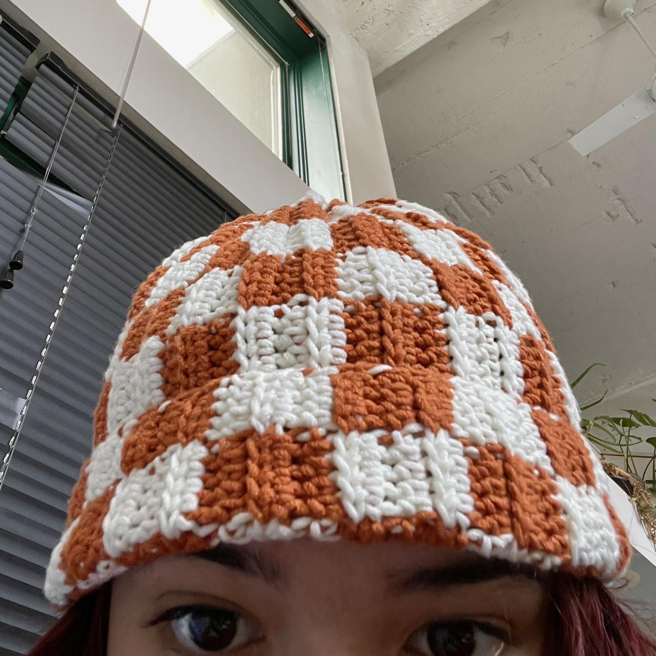checkered crochet beanie 🧶 super soft with bright... - Depop