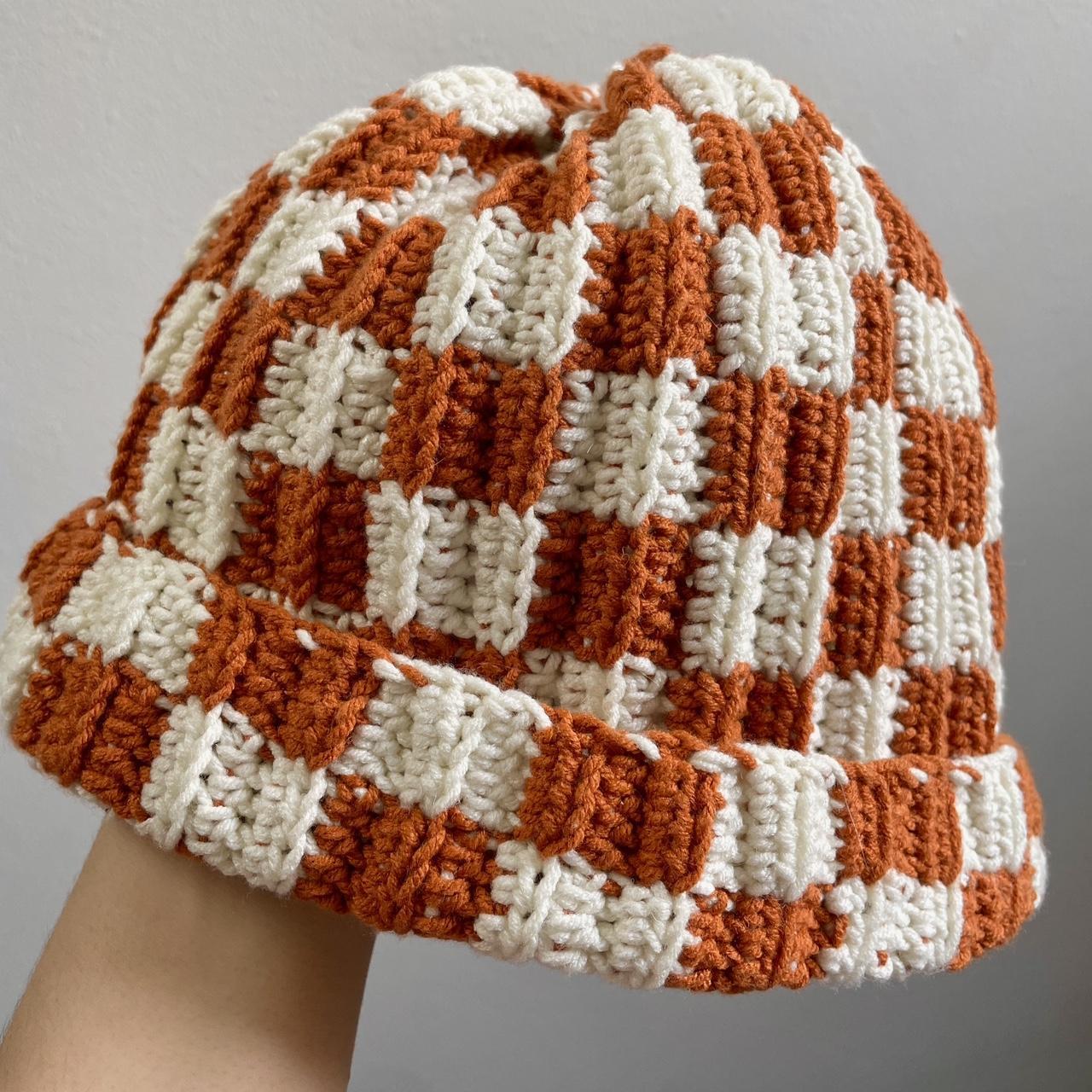 checkered crochet beanie 🧶 super soft with bright... - Depop
