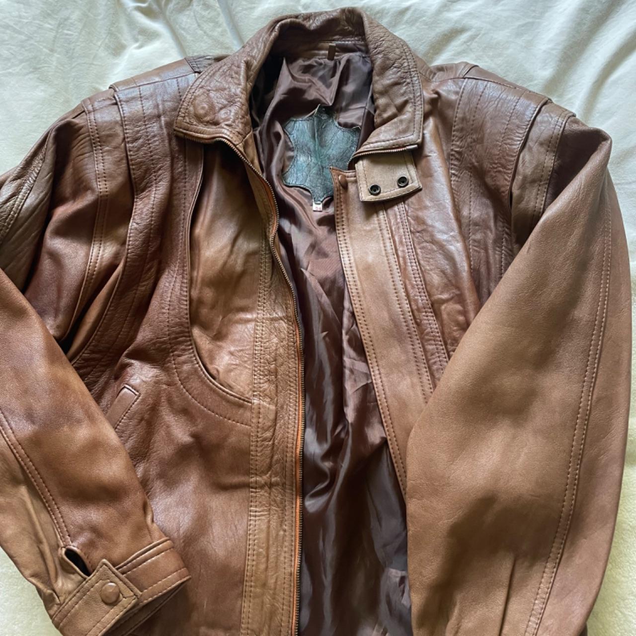 Vintage Brown Leather Jacket 80s style 4... - Depop