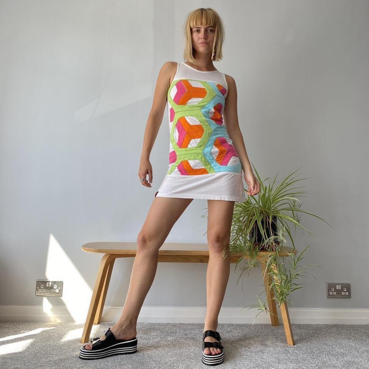 90s neon geometric rave clubbing dress free p&p - Depop