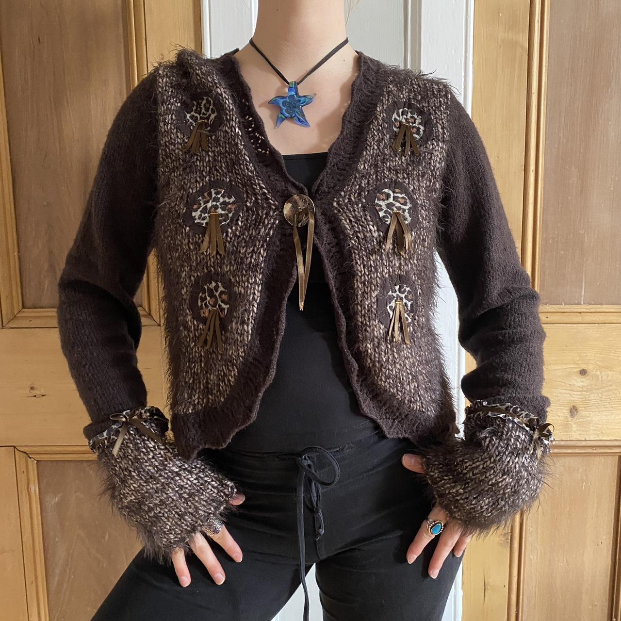 beautiful unusual brown knit cardigan with leopard... | Depop