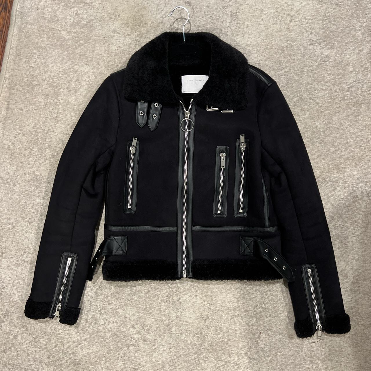 Zara black sherpa lined jacket with metal... - Depop