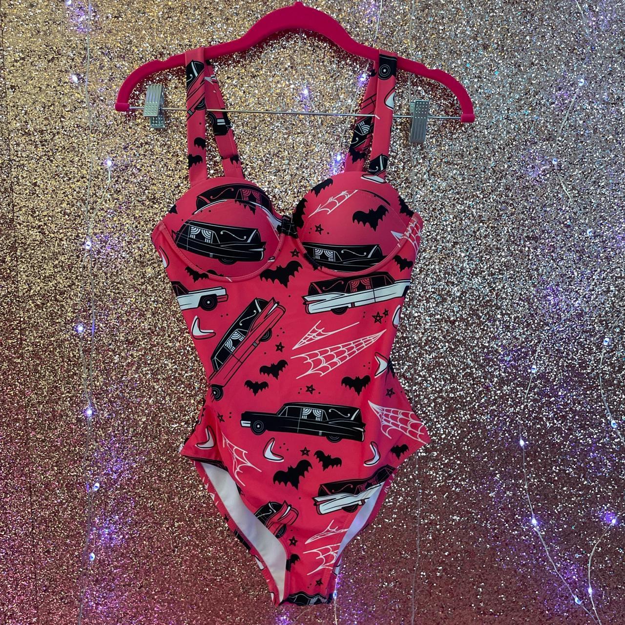 Sourpuss one piece swimsuit with hearse print, worn... - Depop