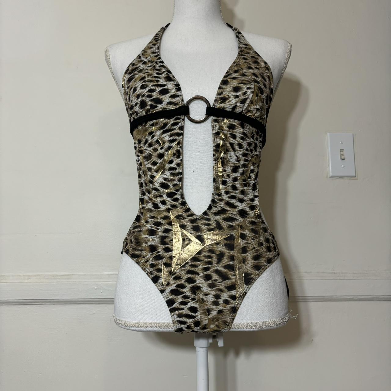 Y2k guess leopard print one piece bikini Marked a... - Depop