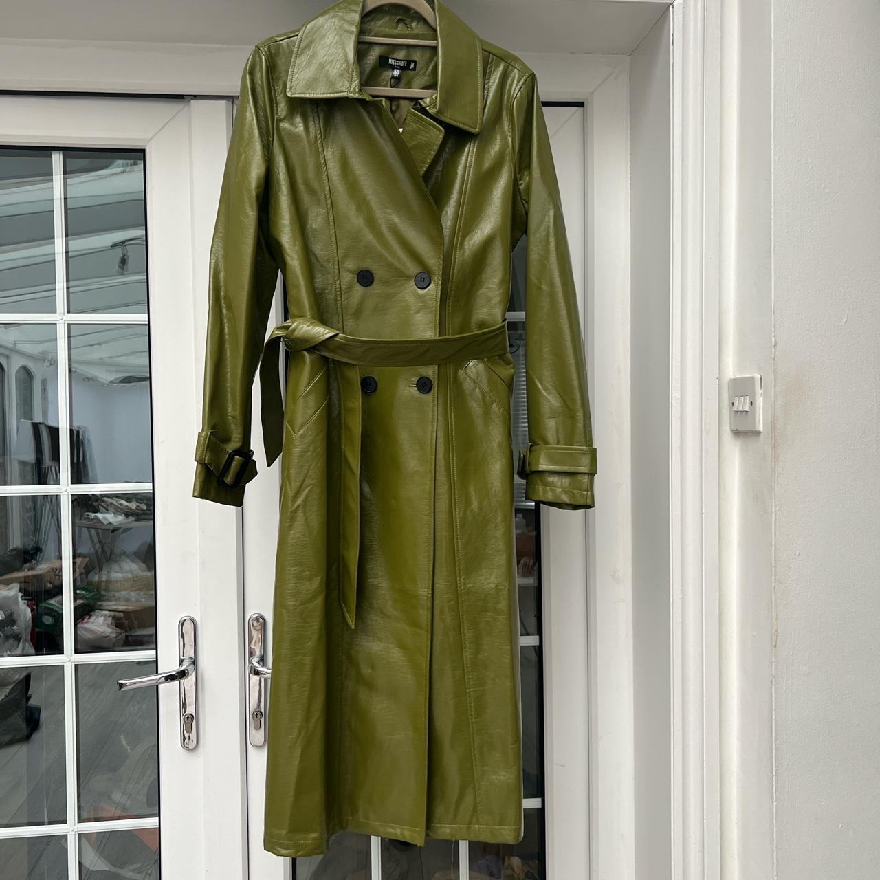 Missguided TALL Olive vinyl Trench Uk 10 Never worn - Depop