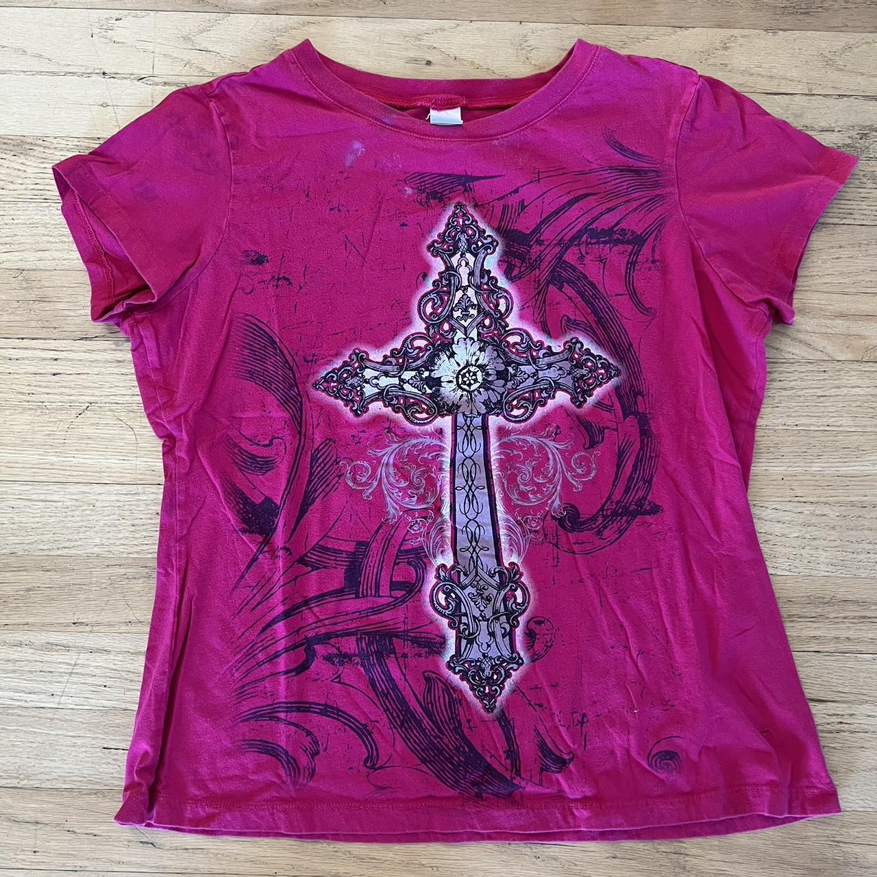 Y2k cross pink shirt size medium - Depop