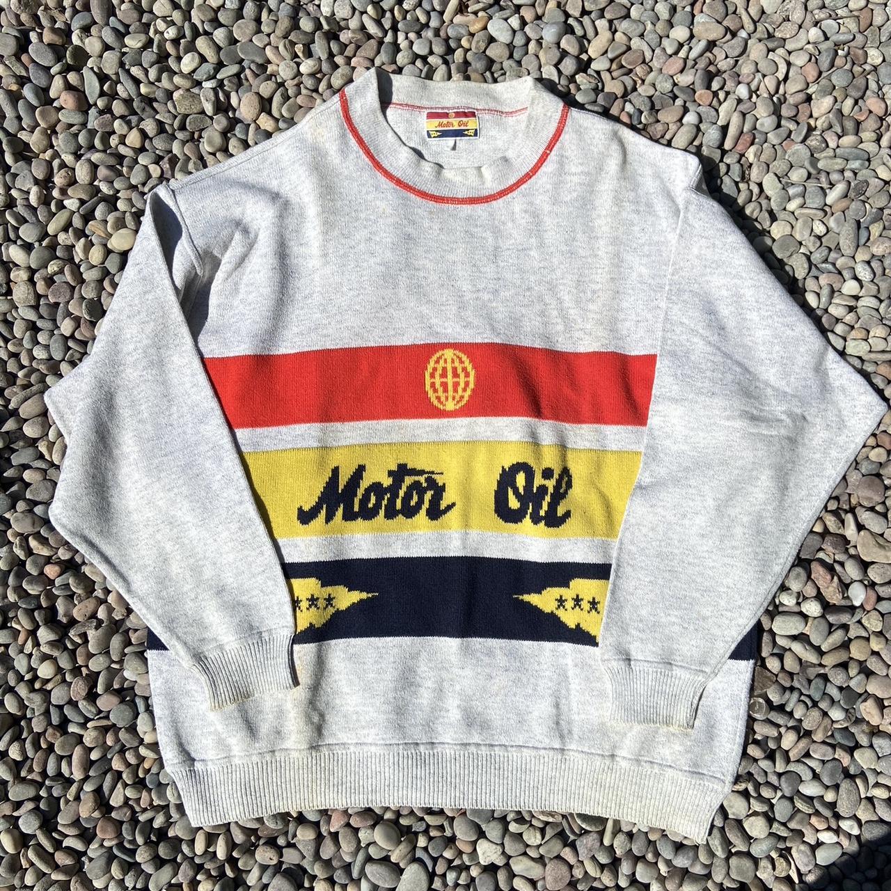 Vintage motor oil knit sweater Insane graphic Fits... - Depop