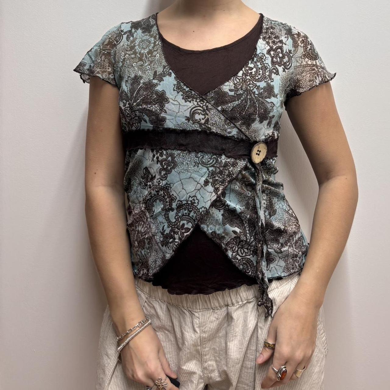 Y2K double layer wrap mesh top Wooden button design... | Depop