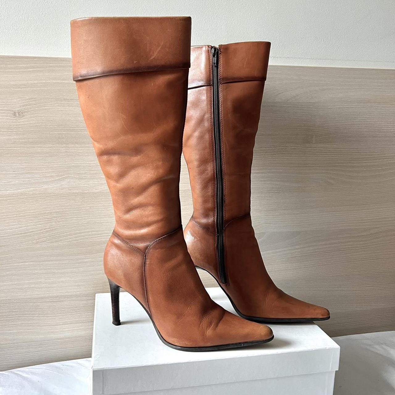 Faith tan leather knee boots Vintage Boho style... | Depop