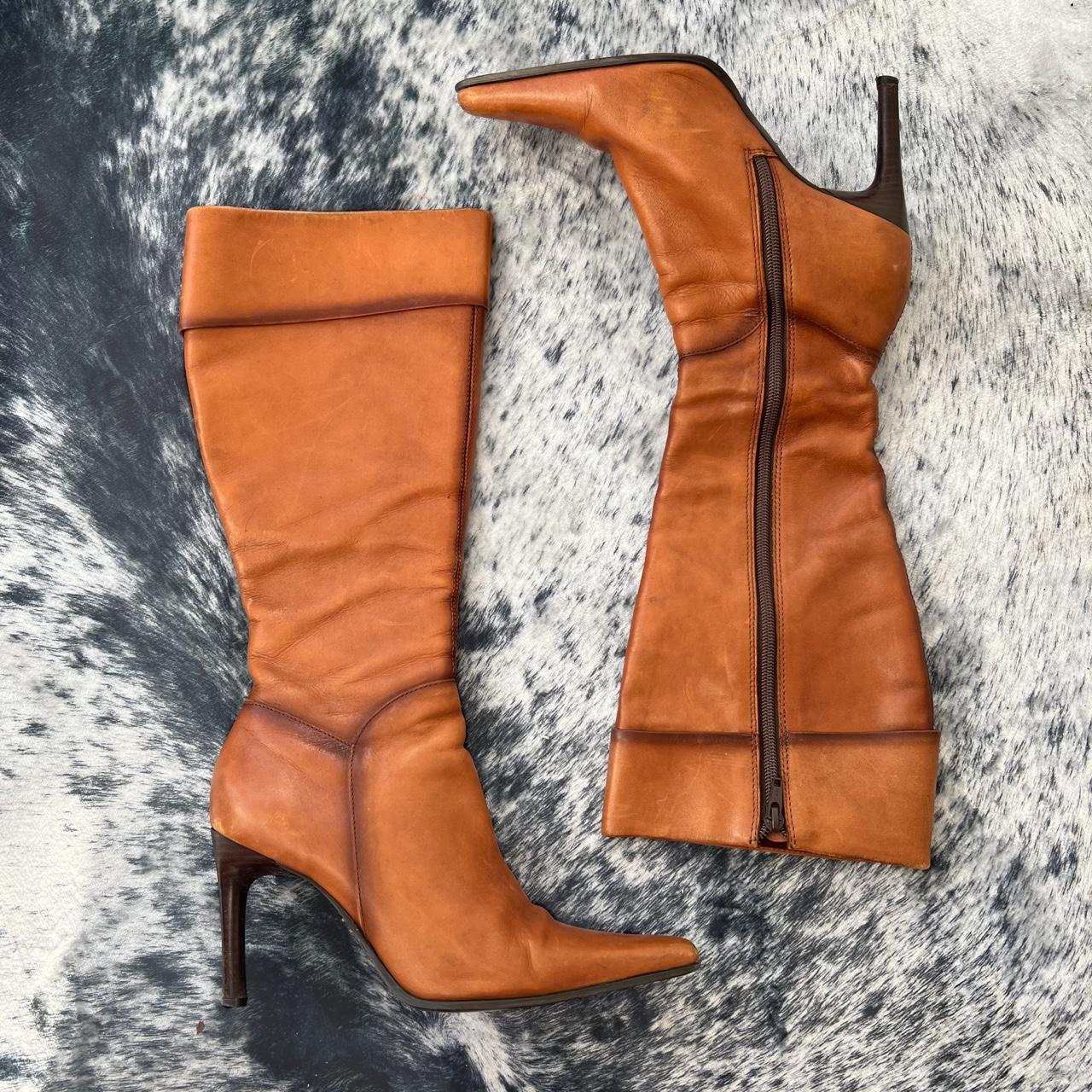 Faith tan leather knee boots Vintage Boho style... | Depop