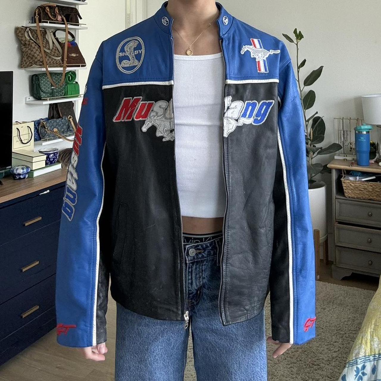 Mustang blue and black leather racing jacket - Depop