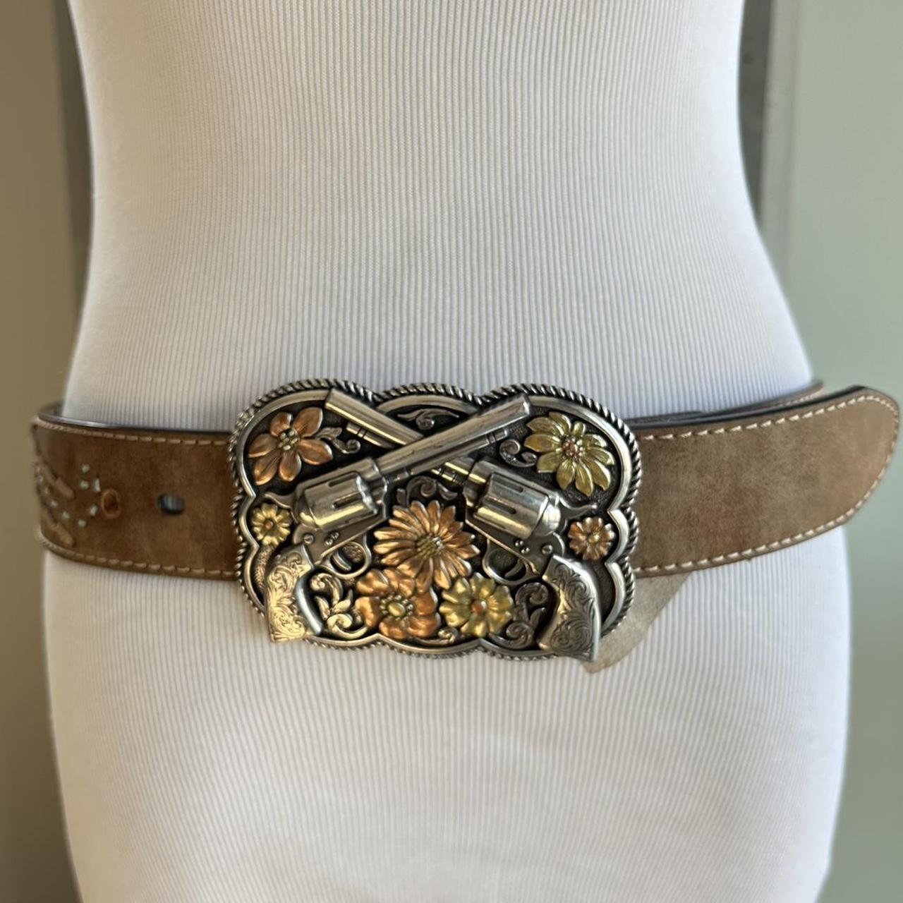 womens y2k groovy western leather floral belt with... | Depop