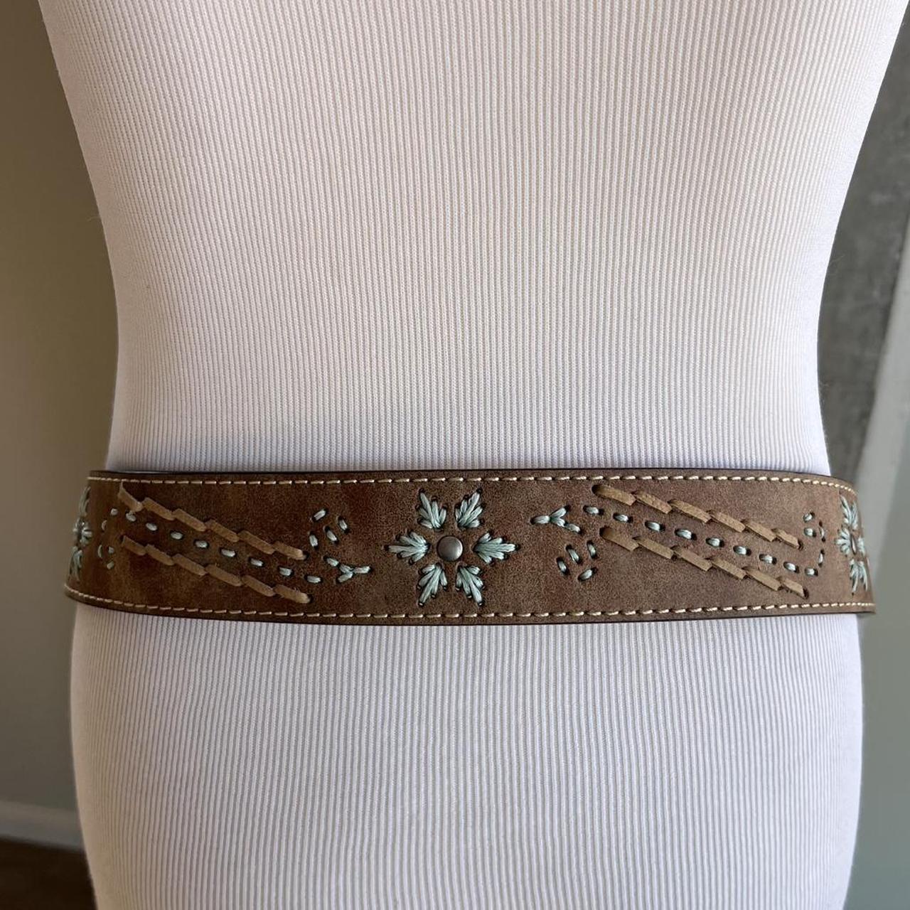 womens y2k groovy western leather floral belt with... | Depop