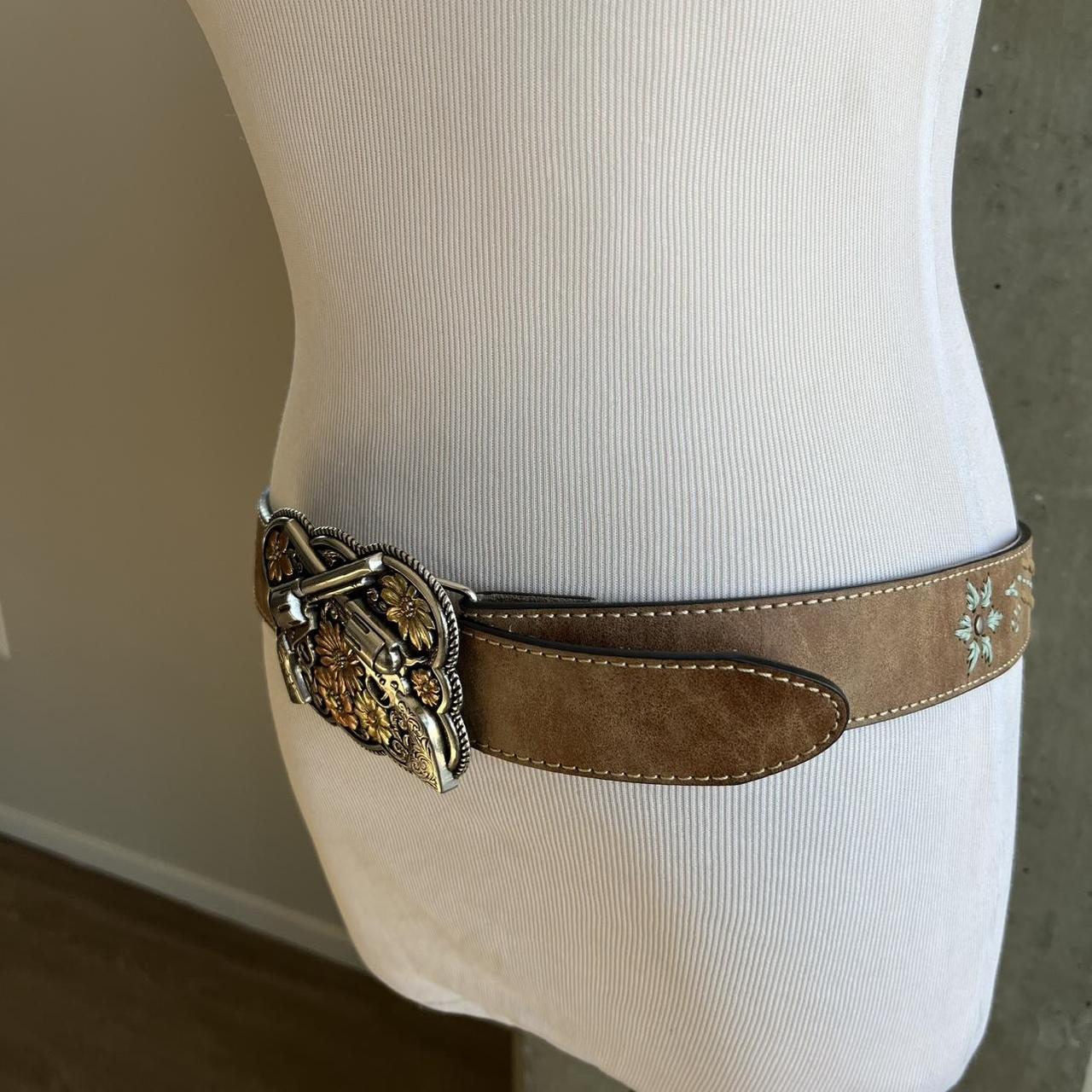 womens y2k groovy western leather floral belt with... | Depop