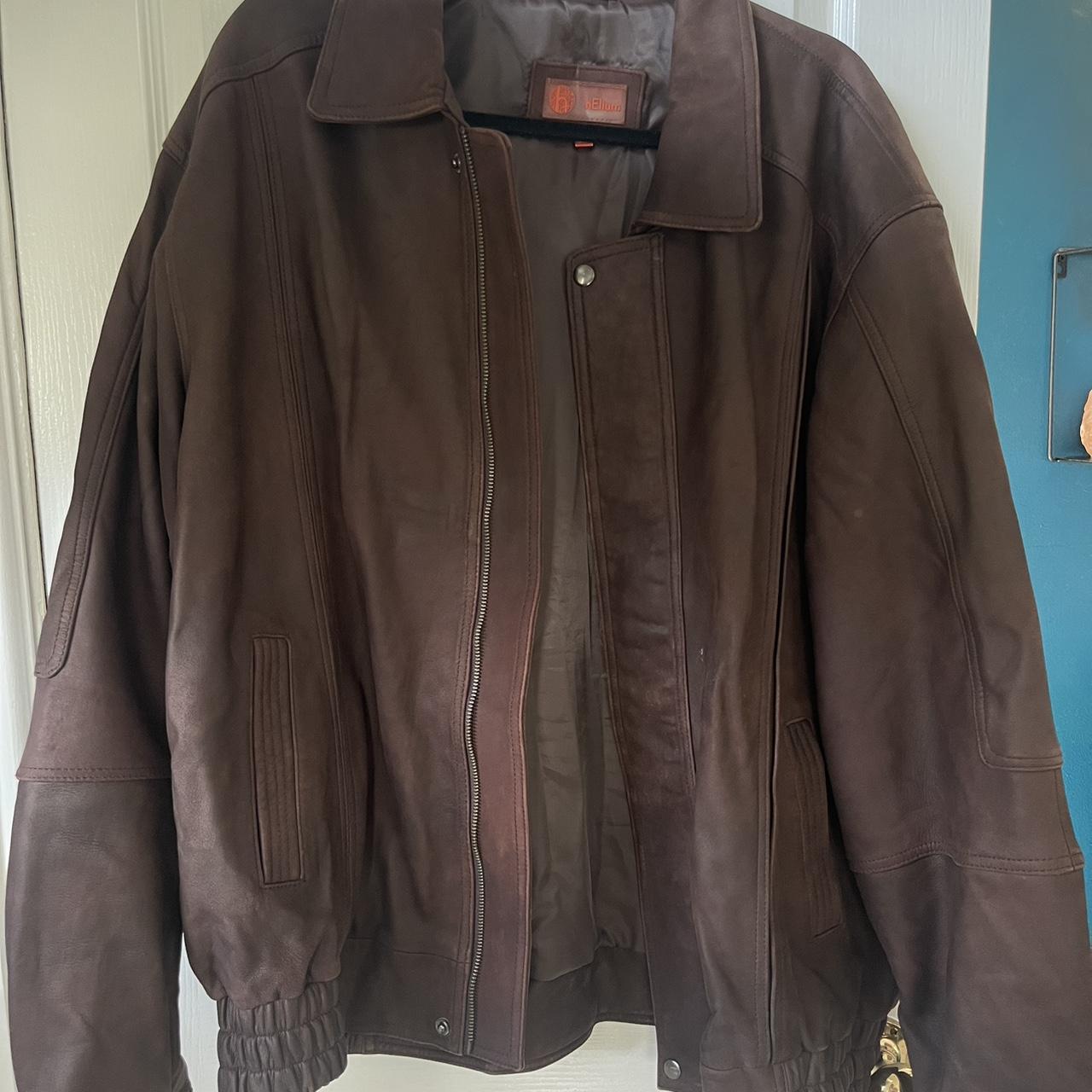 Brown leather washed bomber jacket - Depop