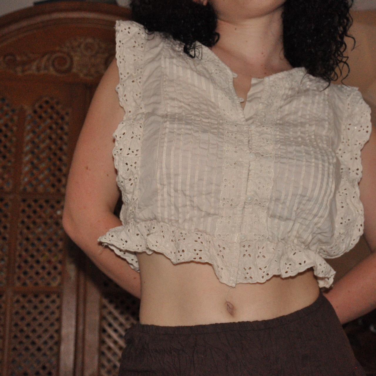 Lace Off White Cropped Frilly button up blouse!!!... - Depop