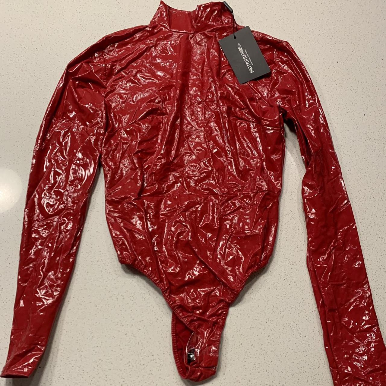 Red Vinyl High Neck Body Suit, brand new never worn,... - Depop