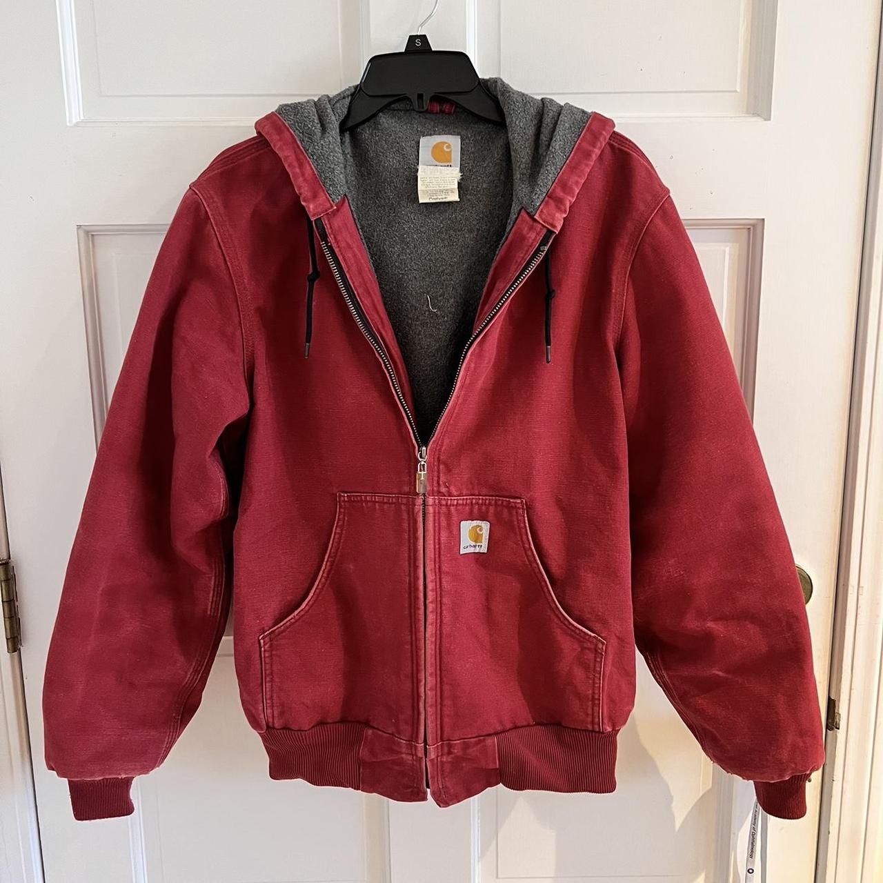 vintage red carhartt fleece lined zip up jacket size... - Depop