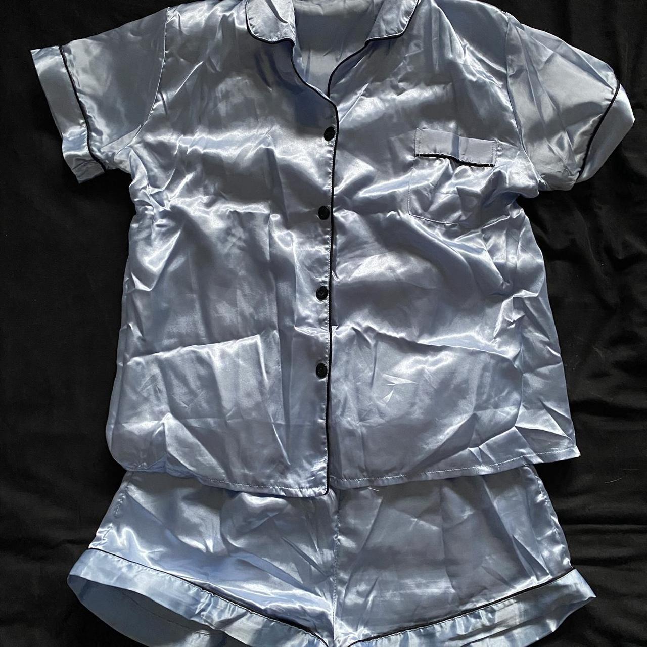 Shein silk pyjama set baby blue with black outline.... - Depop